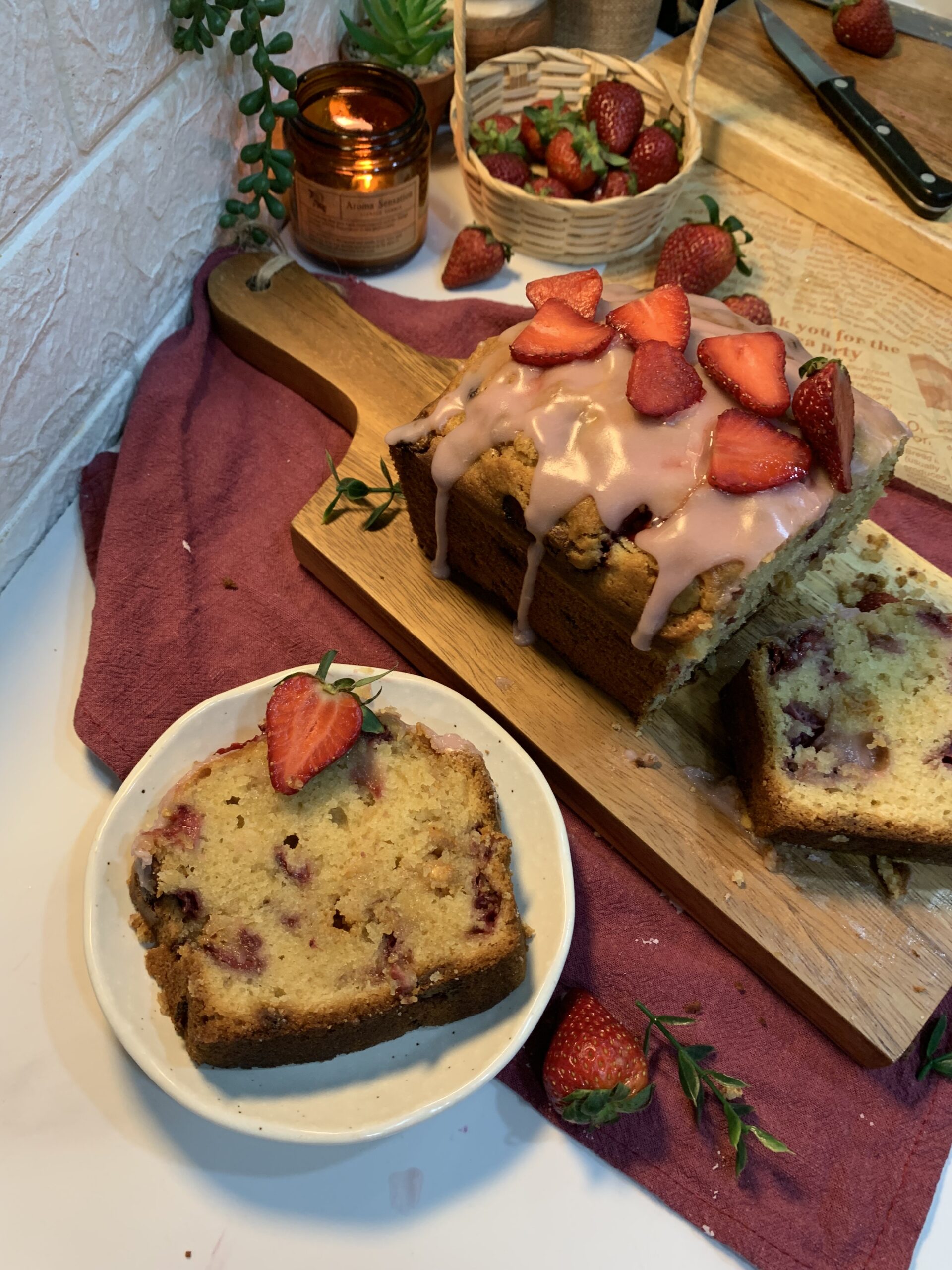 Strawberry Loaf Cake with Pink Glaze - mycozybakes.com